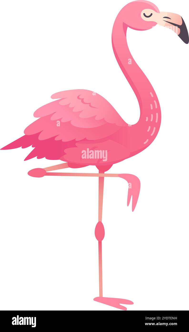 Cartoon flamingo with pink feathers standing on one leg, isolated on ...