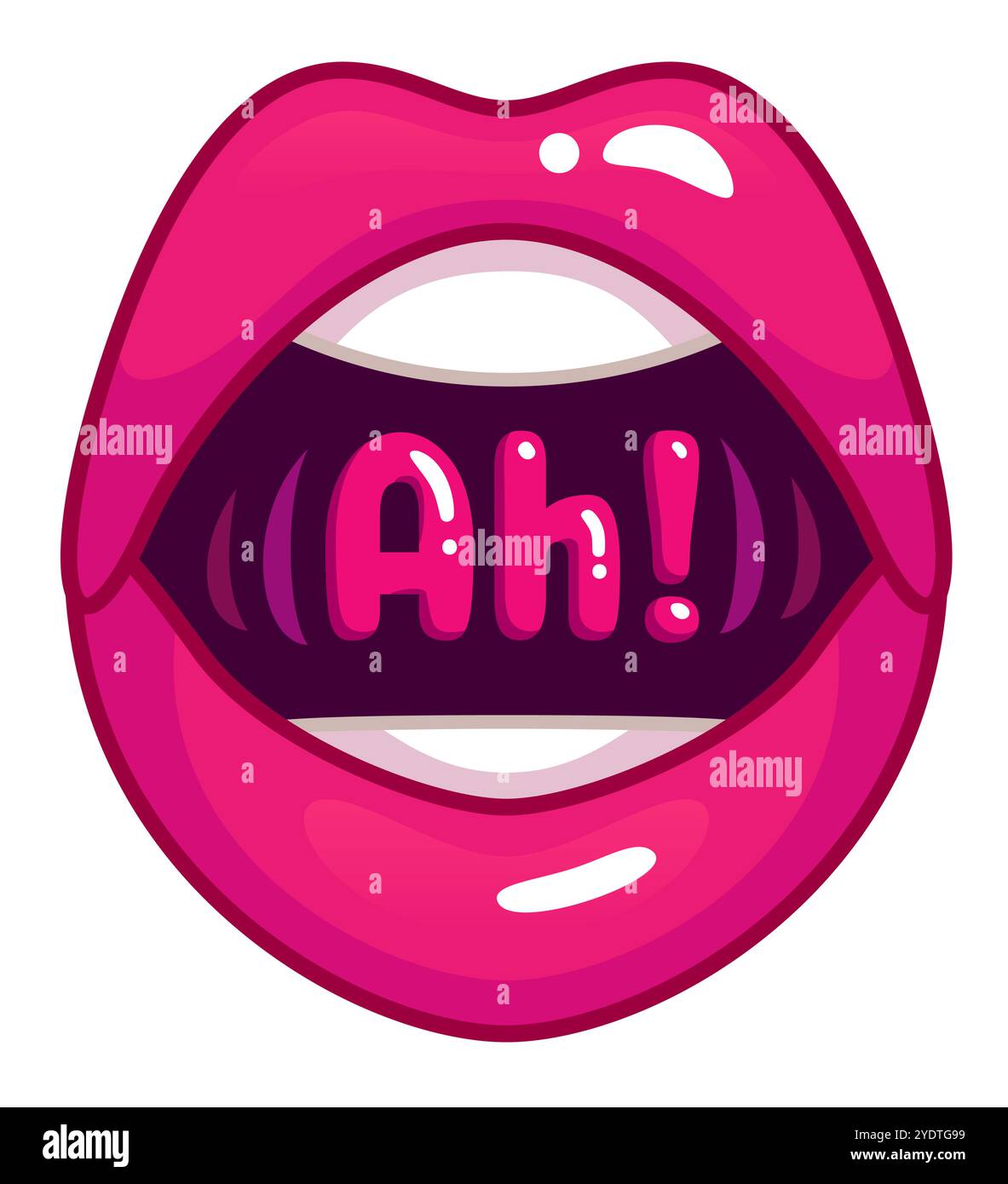 Glossy pink lips of a woman are widely open, saying ah. with visible ...
