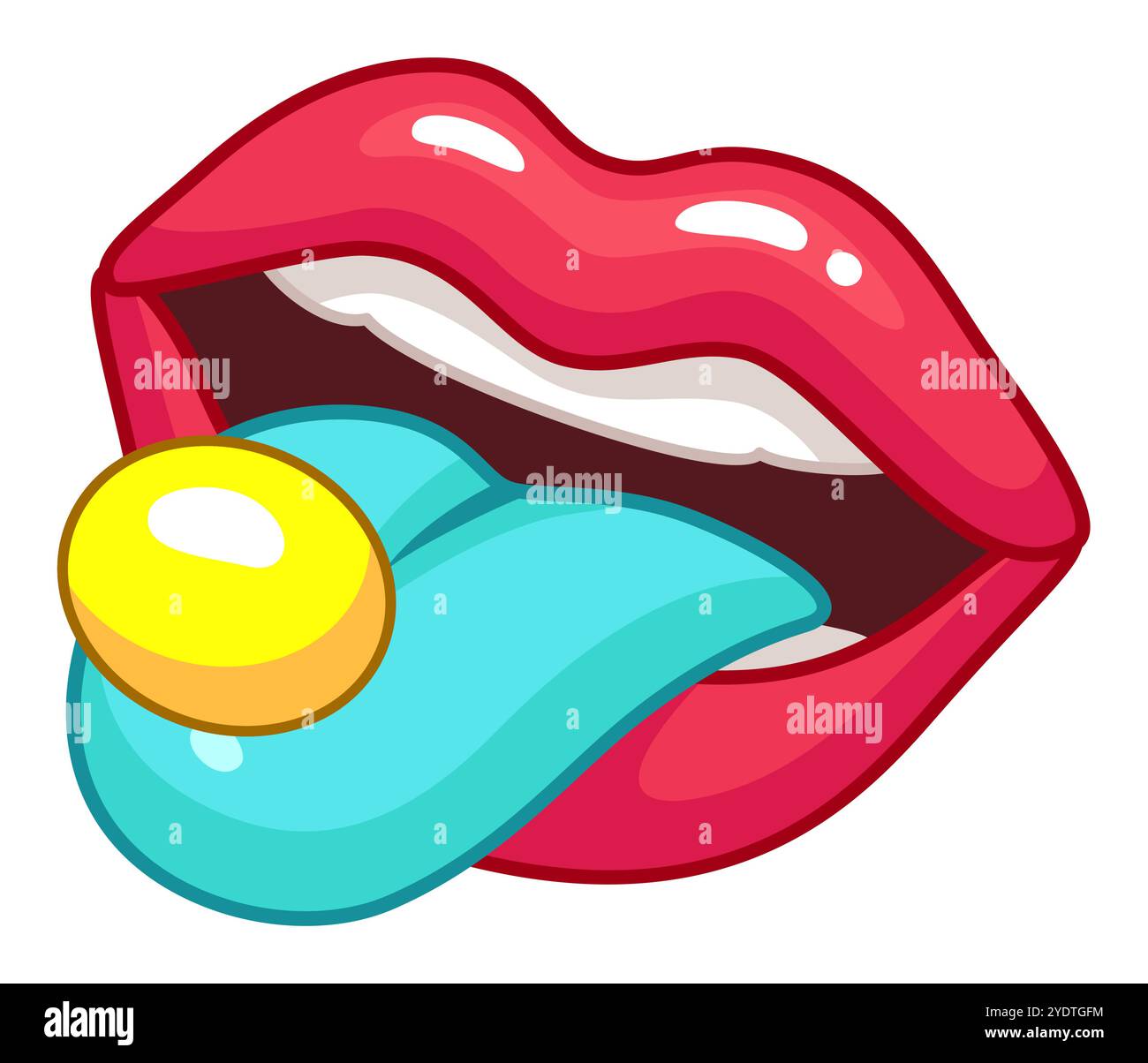 Cartoon illustration of a mouth licking a round candy with red lips ...