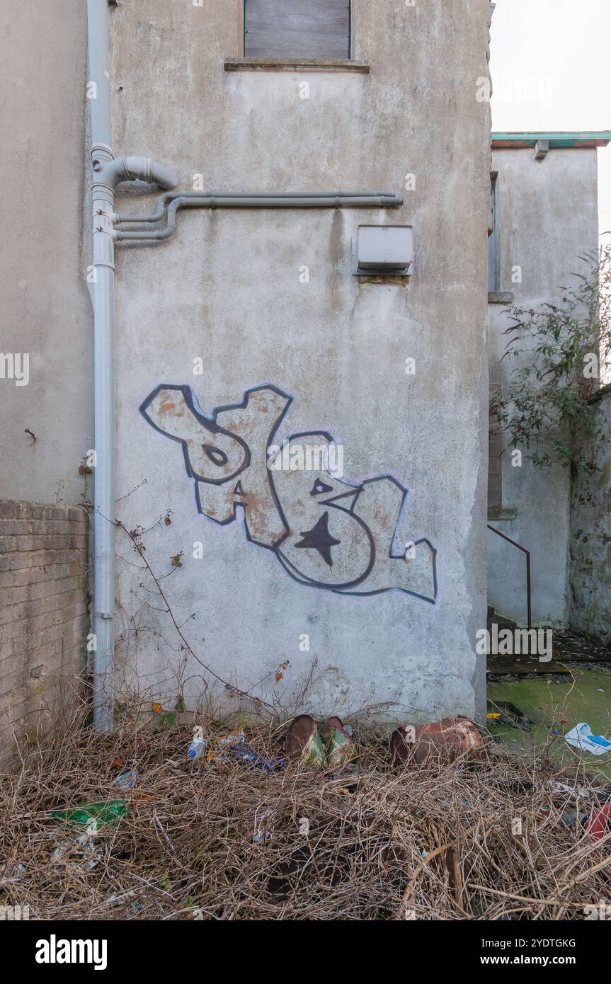 An abandoned building with graffiti and trash, showing urban decay and ...