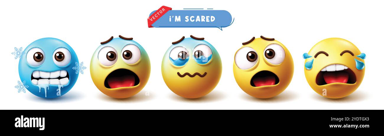 Emoji scared emoticon character vector set. Emojis yellow icon character collection with chill ...
