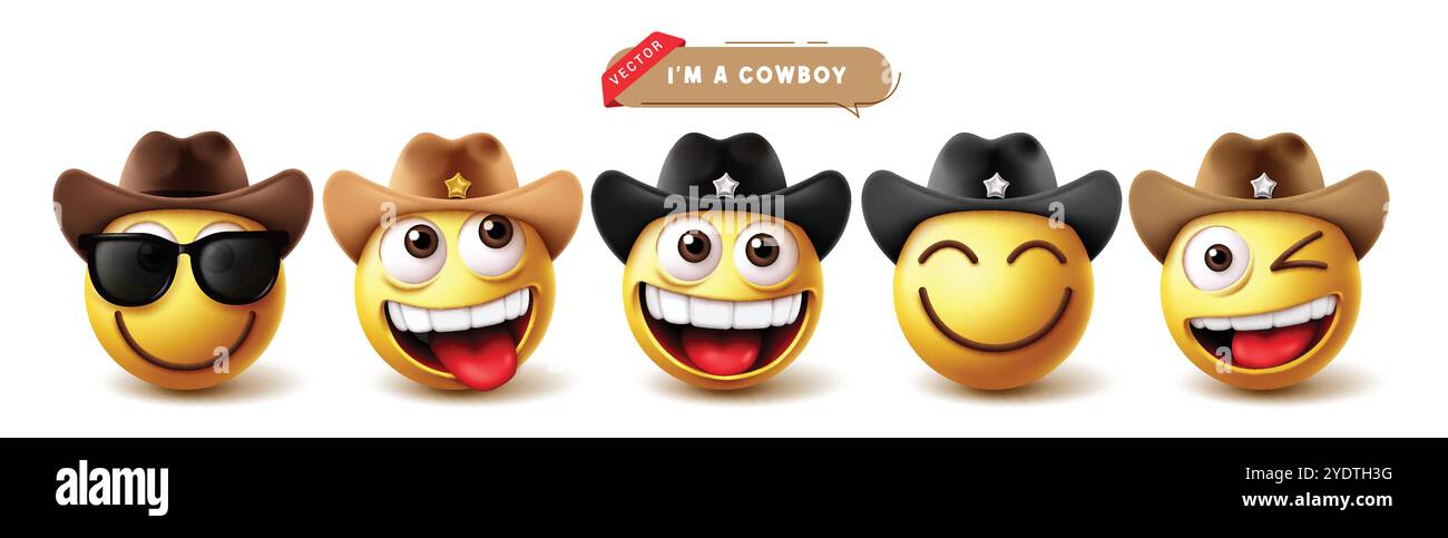 Emoji cowboy character vector set. Emojis emoticon character wearing ...