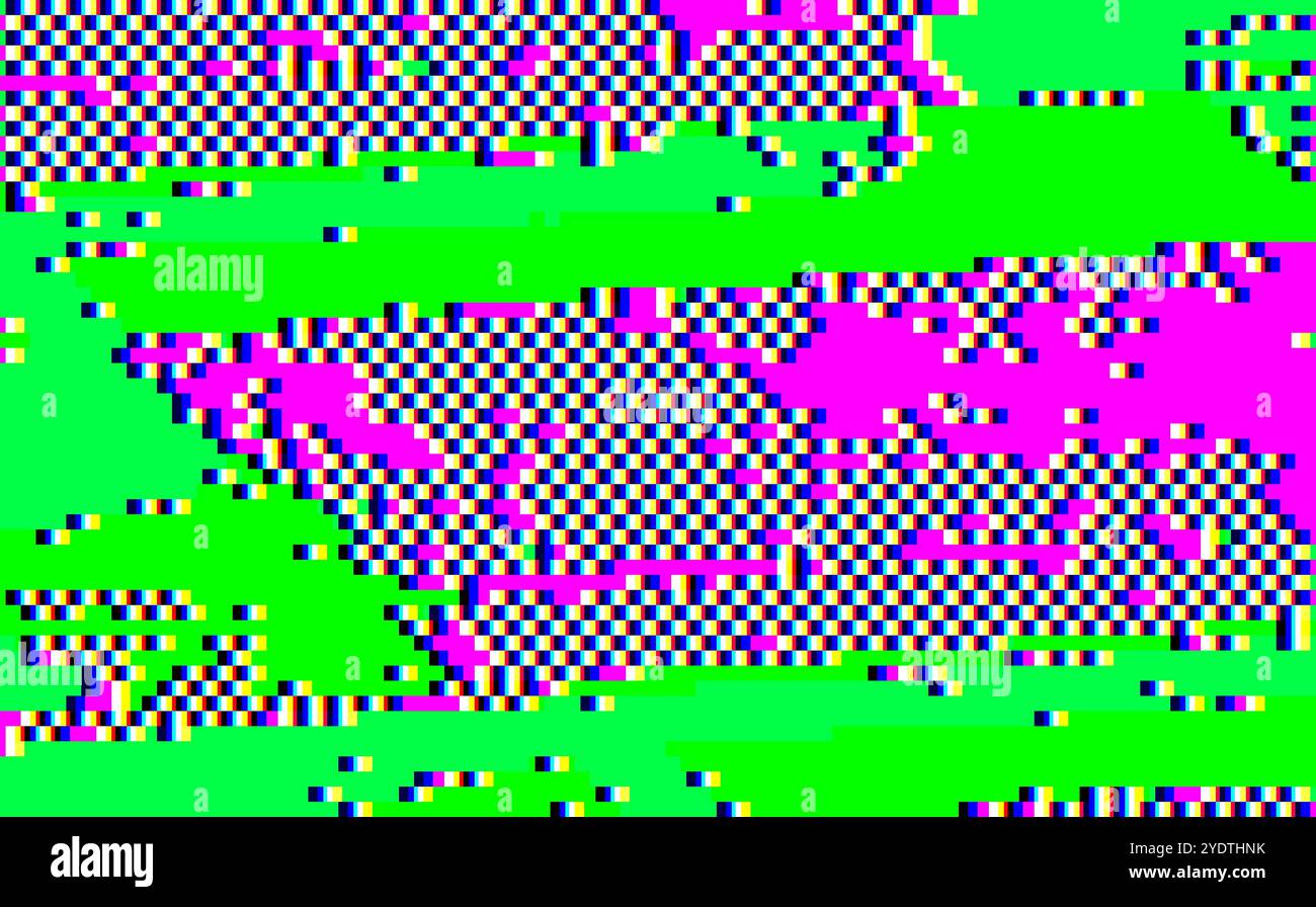 Abstract pixelated glitch art in bright green and pink with blocky 8 ...
