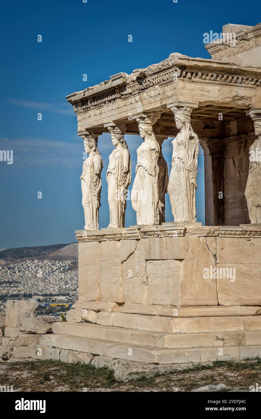 The statues of the ionic Erechtheion temple on the Acropolis in Athens ...