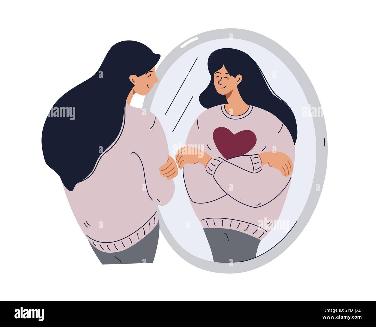 Woman looking at her reflection in the mirror and hugs herself. Self ...
