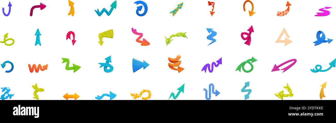 Quirky arrow icons set. Set of colorful arrows pointing up, down, left, right, and diagonally ...