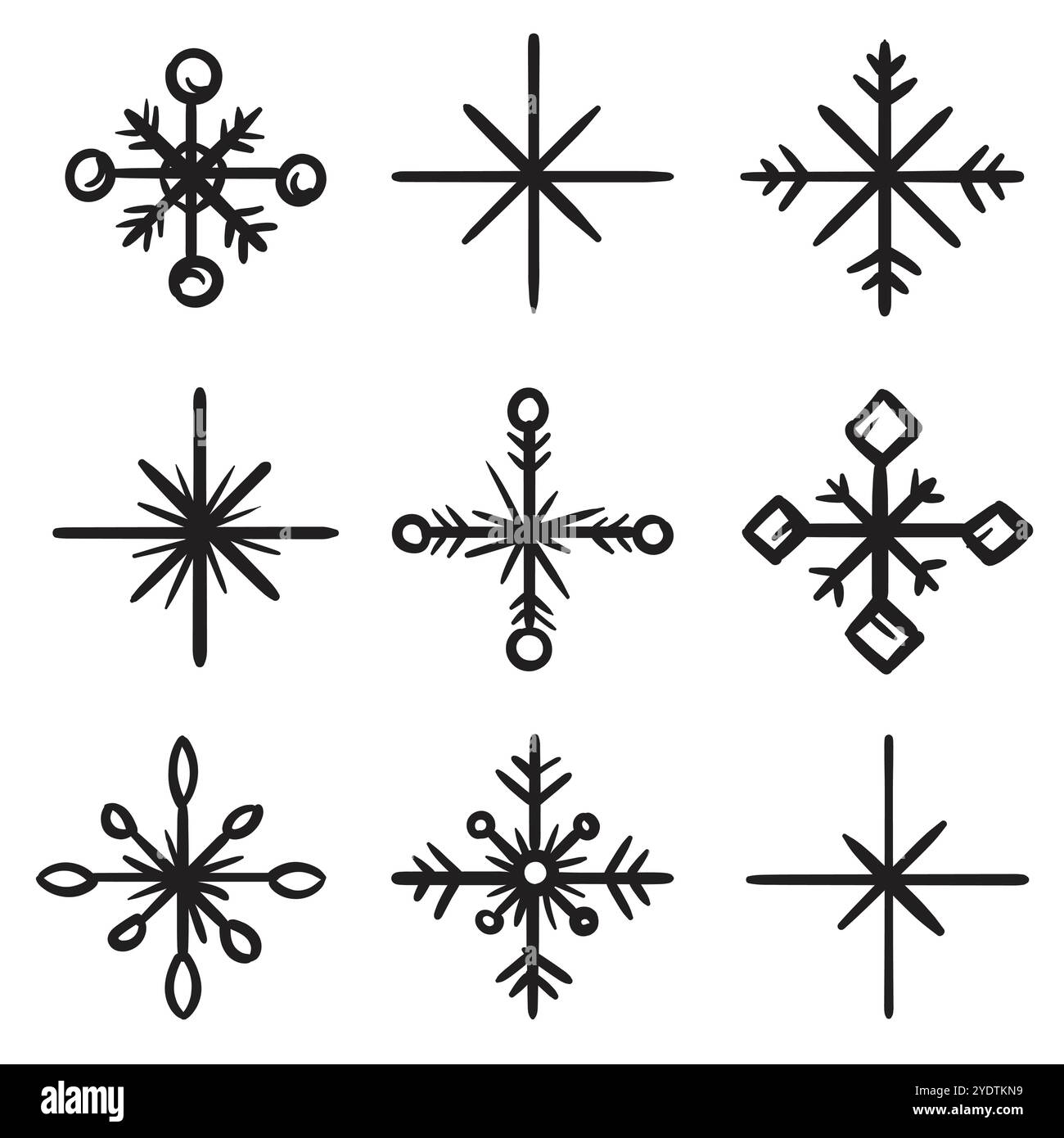 Simple black and white hand drawn snowflakes icon set. Vector signs and ...