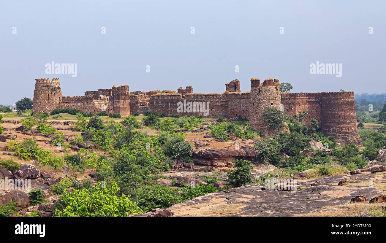 Wide-angle view of Jharkhandi Fort, a 17th-century fort in a ruined ...