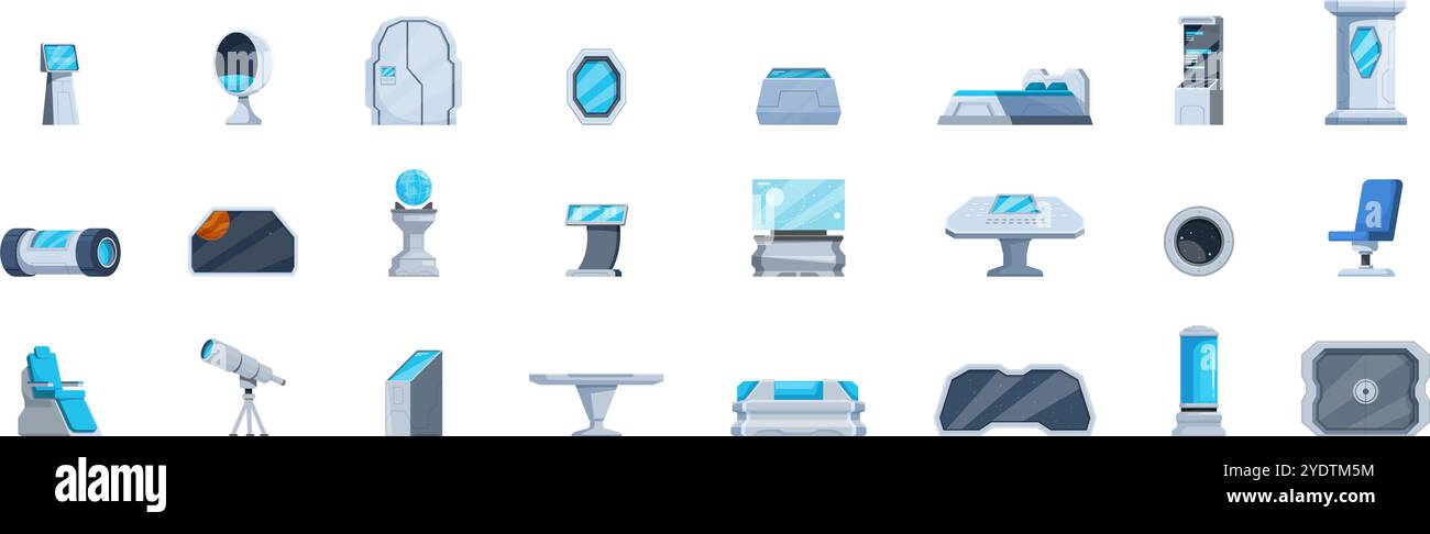 Spaceship interior icons set. Spaceship futuristic interior objects ...