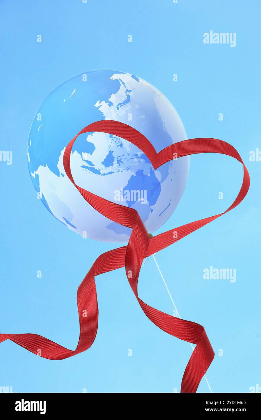 Heart ribbon and world map balloons Stock Photo - Alamy