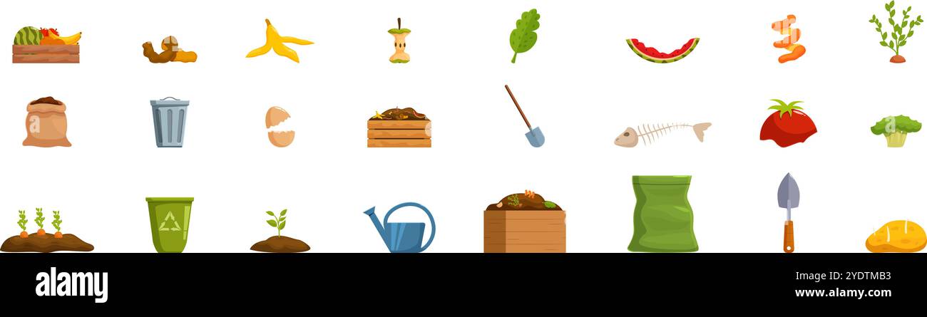 Composting icons set. Composting transforms organic waste into nutrient ...