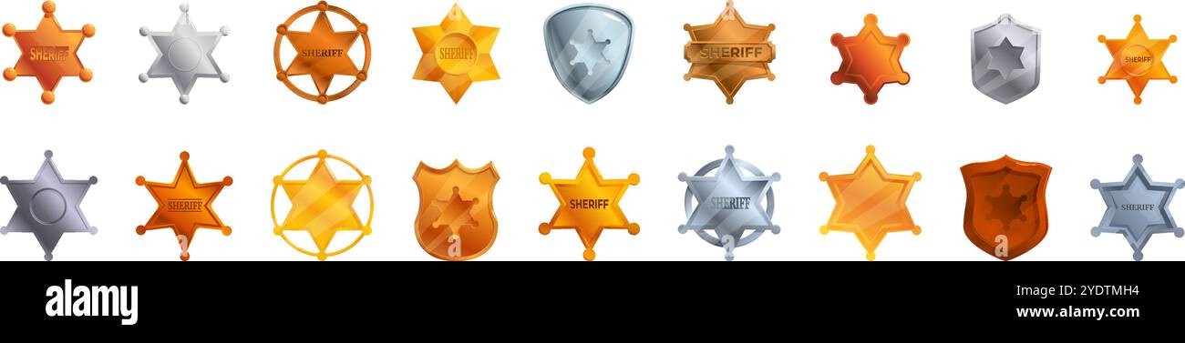 Sheriff badge icons set. Set of sheriff star badges in different shapes ...