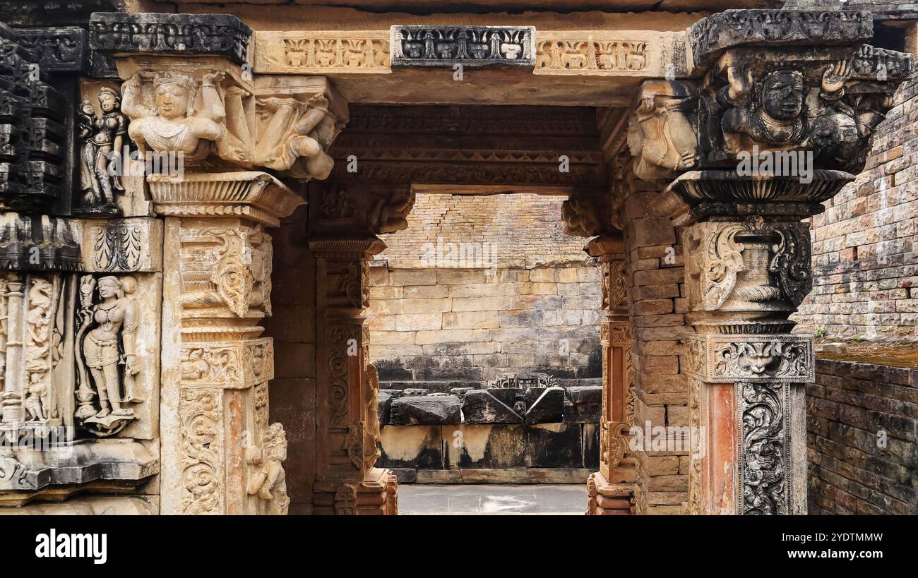 View of the carved pillars and the antarala (vestibule) at Bhuteshwara ...