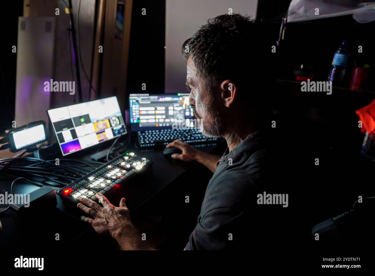 Experienced Mature Male TV Director Operating Control Panel in Studio ...