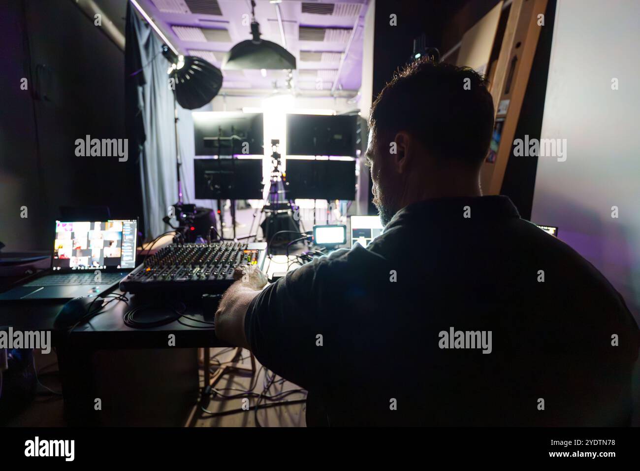 Experienced Mature Male TV Director Operating Control Panel in Studio ...