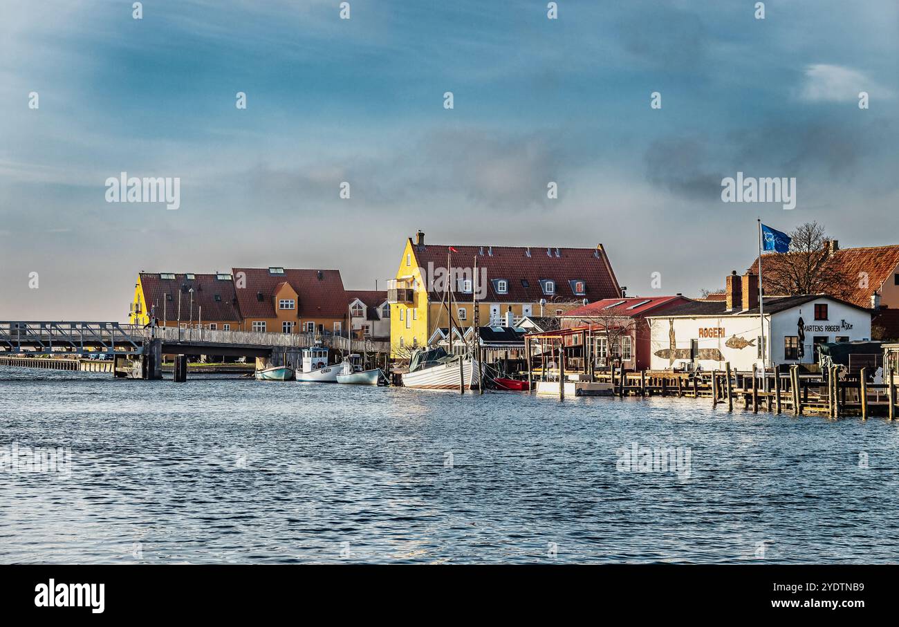 Picturesque coastal village scene Karrebaeksminde, with vibrant yellow ...