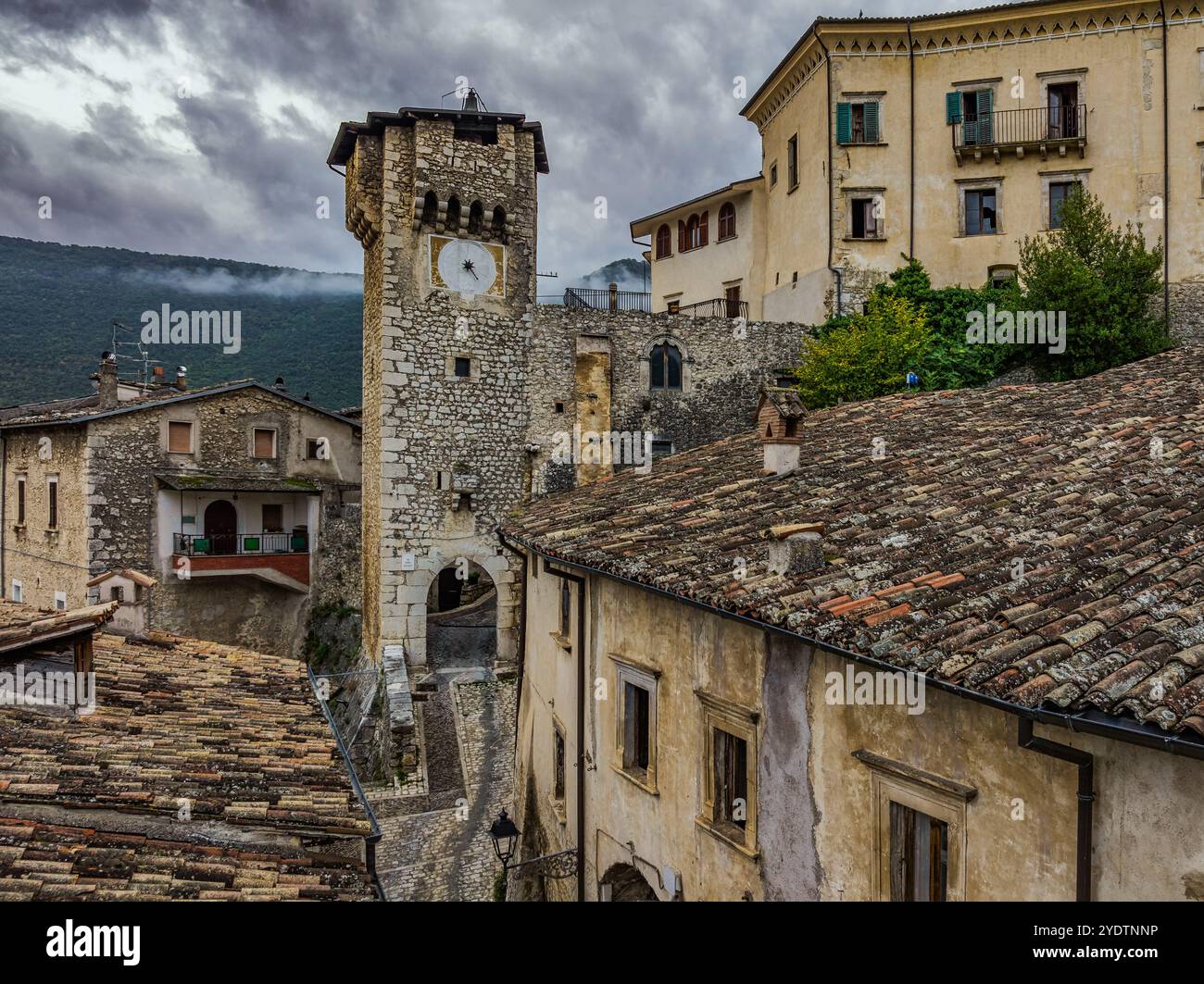 Aerial view of the clock tower and Porta dei Santi in the medieval ...