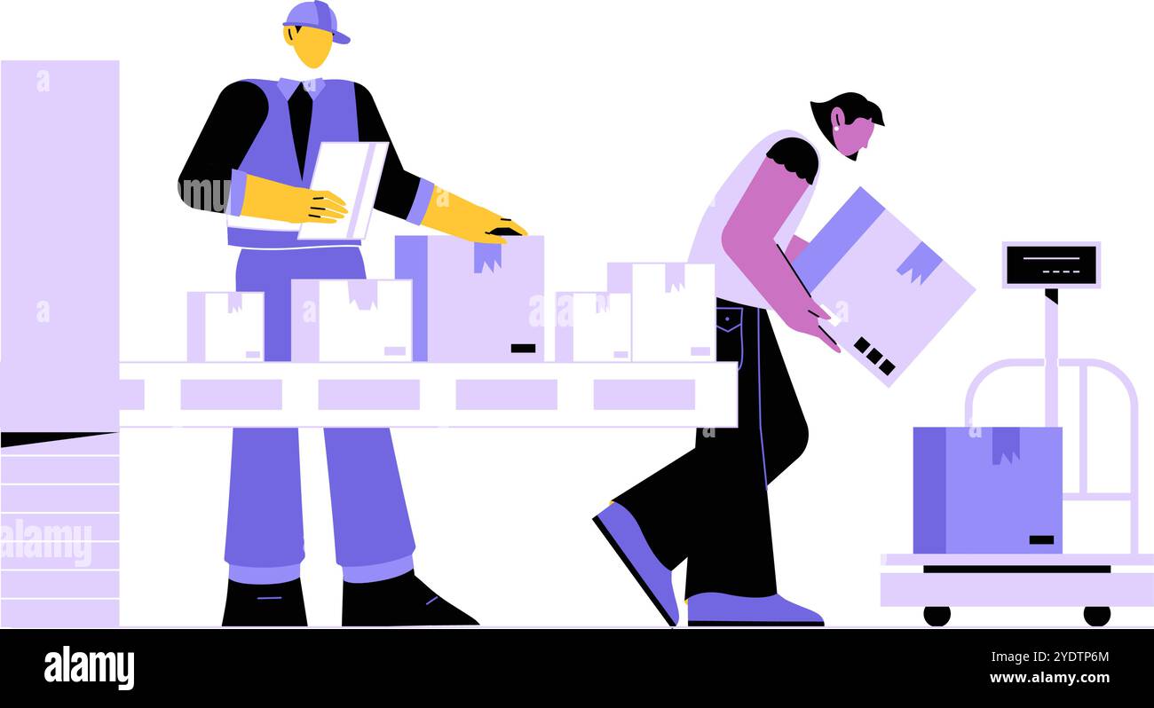Male Warehouse Workers Sorting Packages On Conveyor In Flat Vector ...