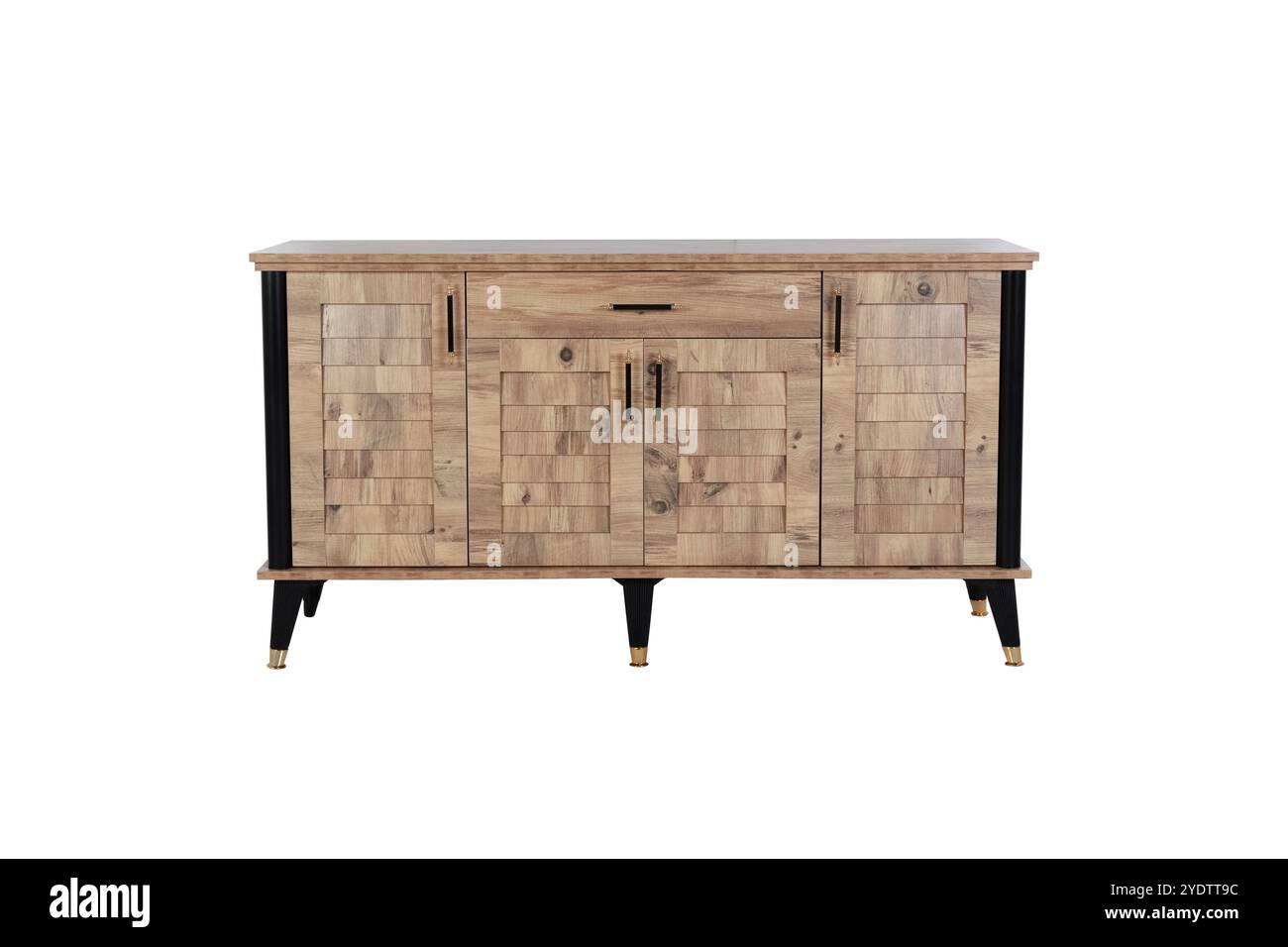 Modern Wooden Sideboard with Black Accents and Gold-Tipped Legs ...