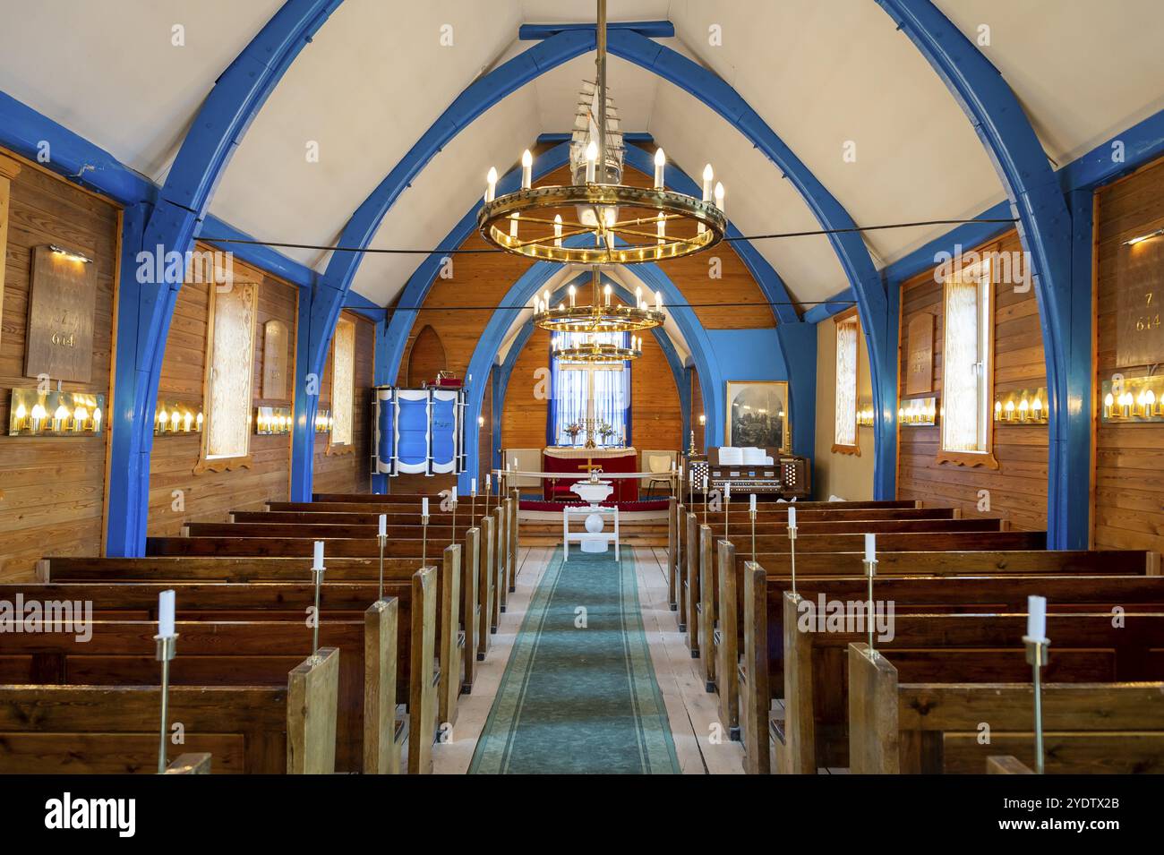 Church interior with wooden benches, church, Inuit settlement ...