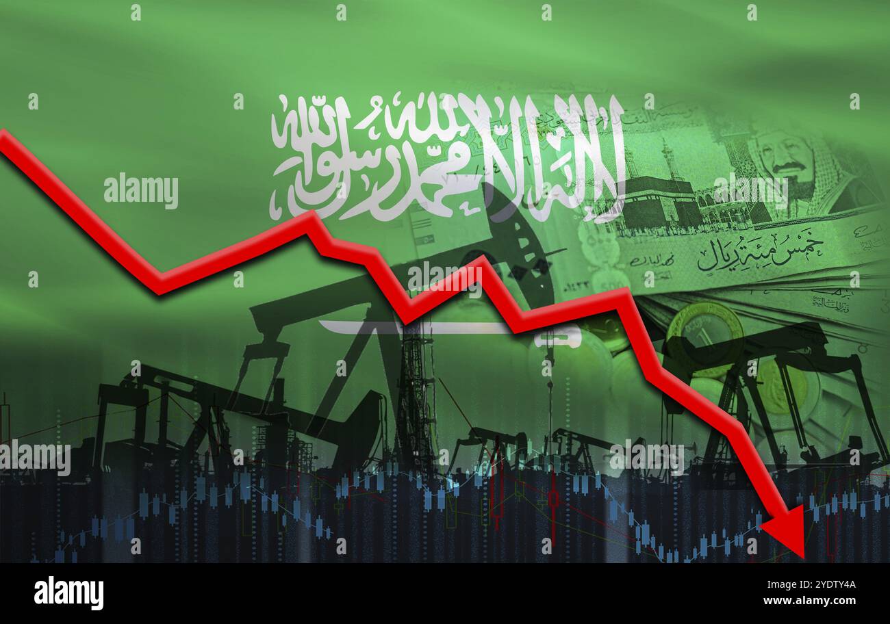 Petrol crisis with Saudi Arabia flag on financial graph. Fall in oil ...