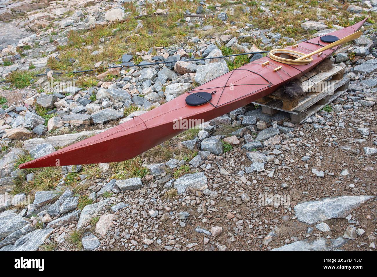 Traditional kayak, manoeuvrable boat for hunting, Inuit settlement ...