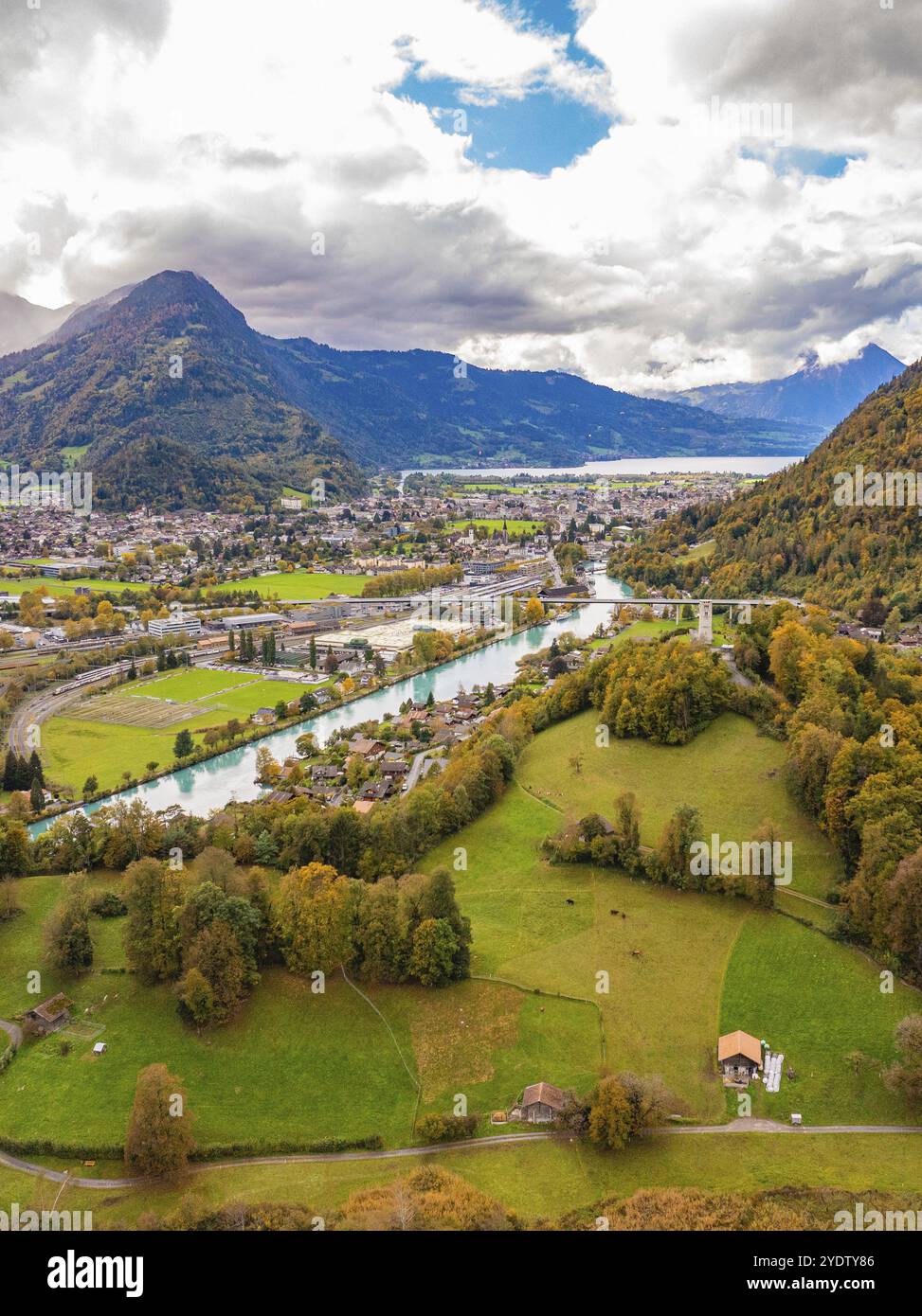 Aerial view of villages in a picturesque mountain landscape with river ...
