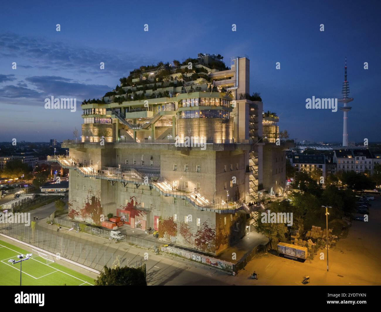 Hamburg bunker with green roof, external stairs and stylish lights in ...