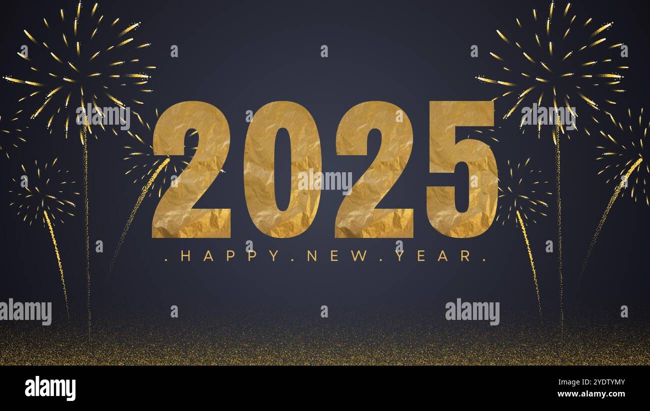 2025 golden on New Year dark background with fireworks. Celebration New Year's Eve. Golden ...