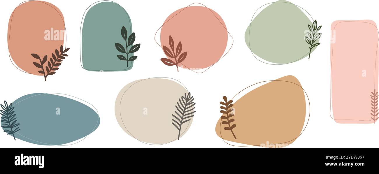 Set of pastel colored frames with outlines and decrorative plants as ...