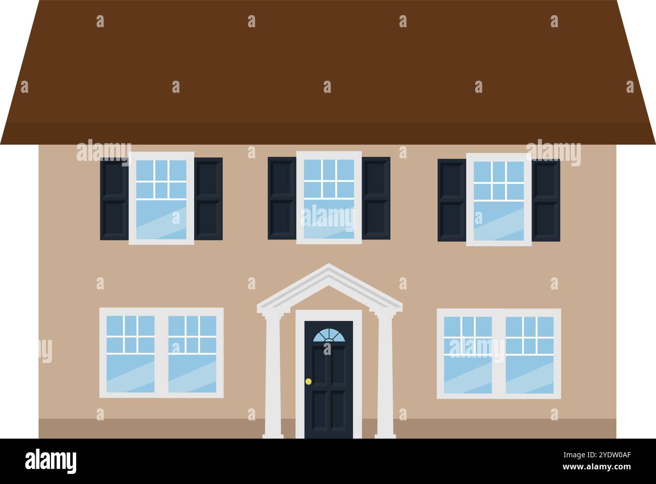 Modern beige house with brown roof and several windows vector flat ...