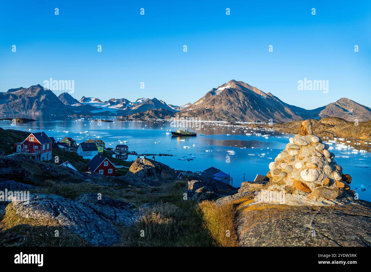 Fishing trawler in the mountainous fjord, Kulusuk, Greenland, Denmark ...