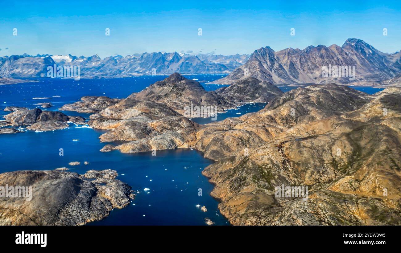 Aerial of the mountainous coastline around Kulusuk, Greenland, Polar ...