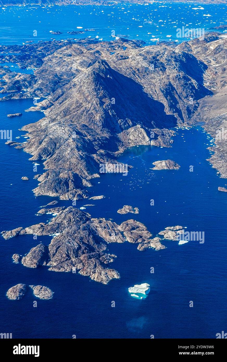 Aerial of the mountainous coastline around Kulusuk, Greenland, Polar ...