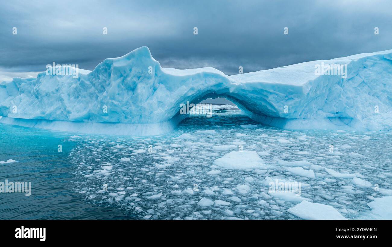 Aerial of an ice arch in the Nuuk Icefjord, Western Greenland, Denmark ...