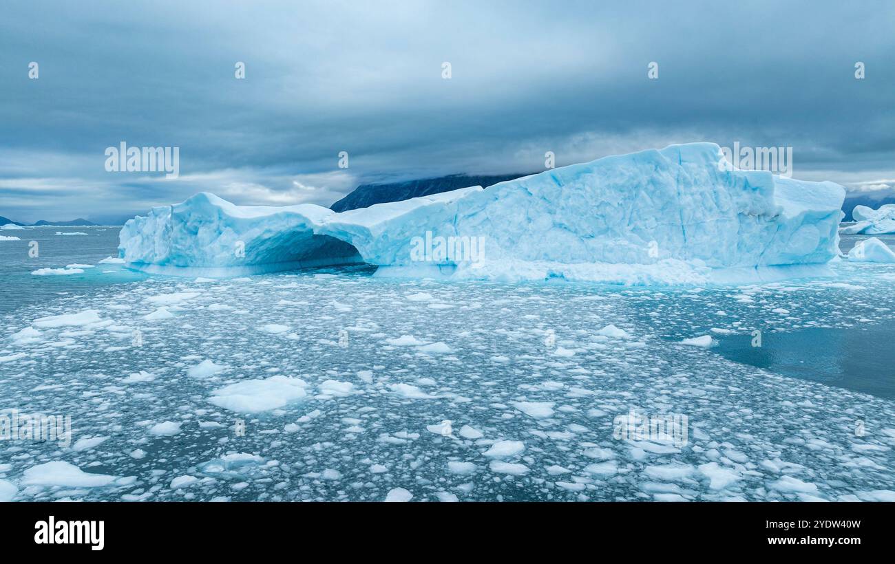 Aerial of an ice arch in the Nuuk Icefjord, Western Greenland, Denmark ...