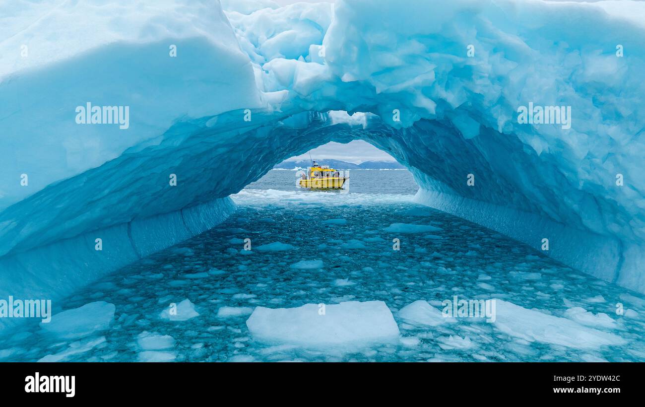 Aerial of an ice arch in the Nuuk Icefjord, Western Greenland, Denmark ...