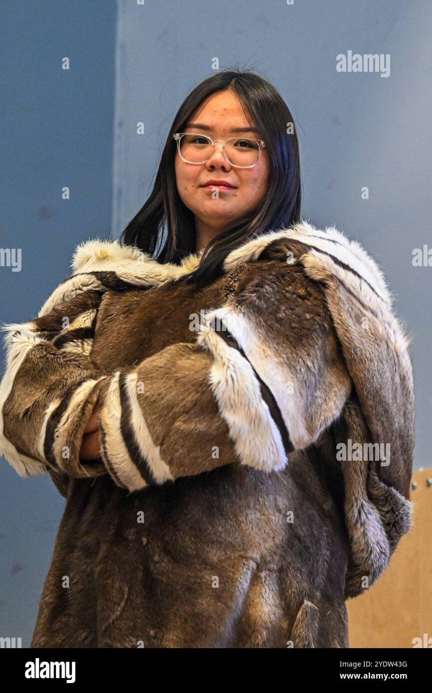 Inuit girl in traditional dress, Grise Fjord, most northern community in America, Nunavut ...