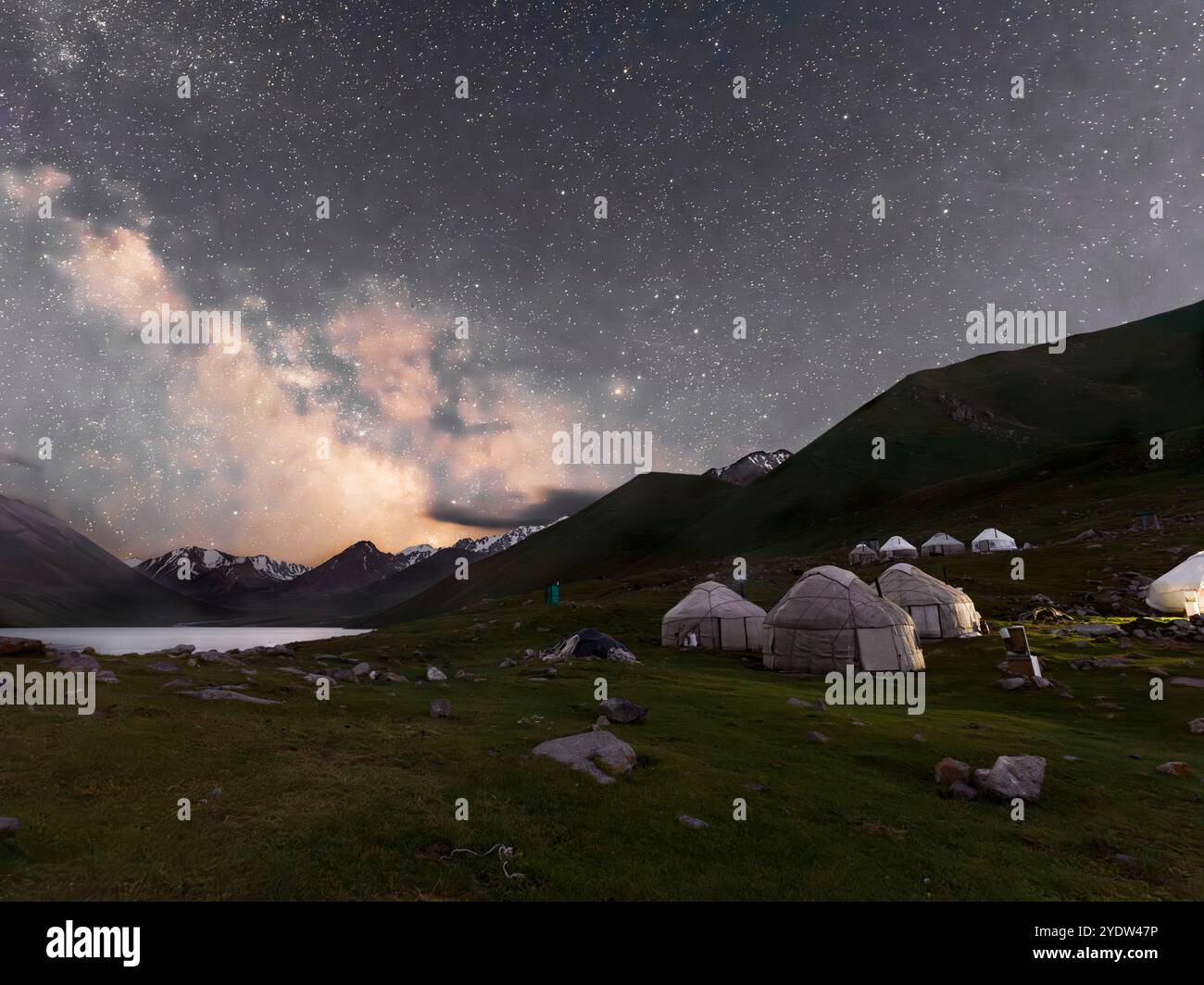 Night sky and Milky Way over yurt camp in Kol-Ukok lake landscape ...