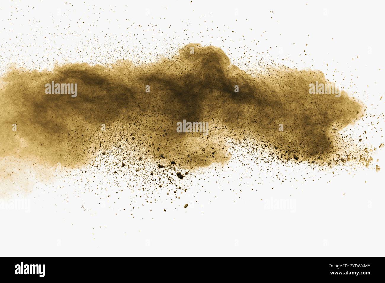 Abstract deep brown dust explosion on white background. Freeze motion ...