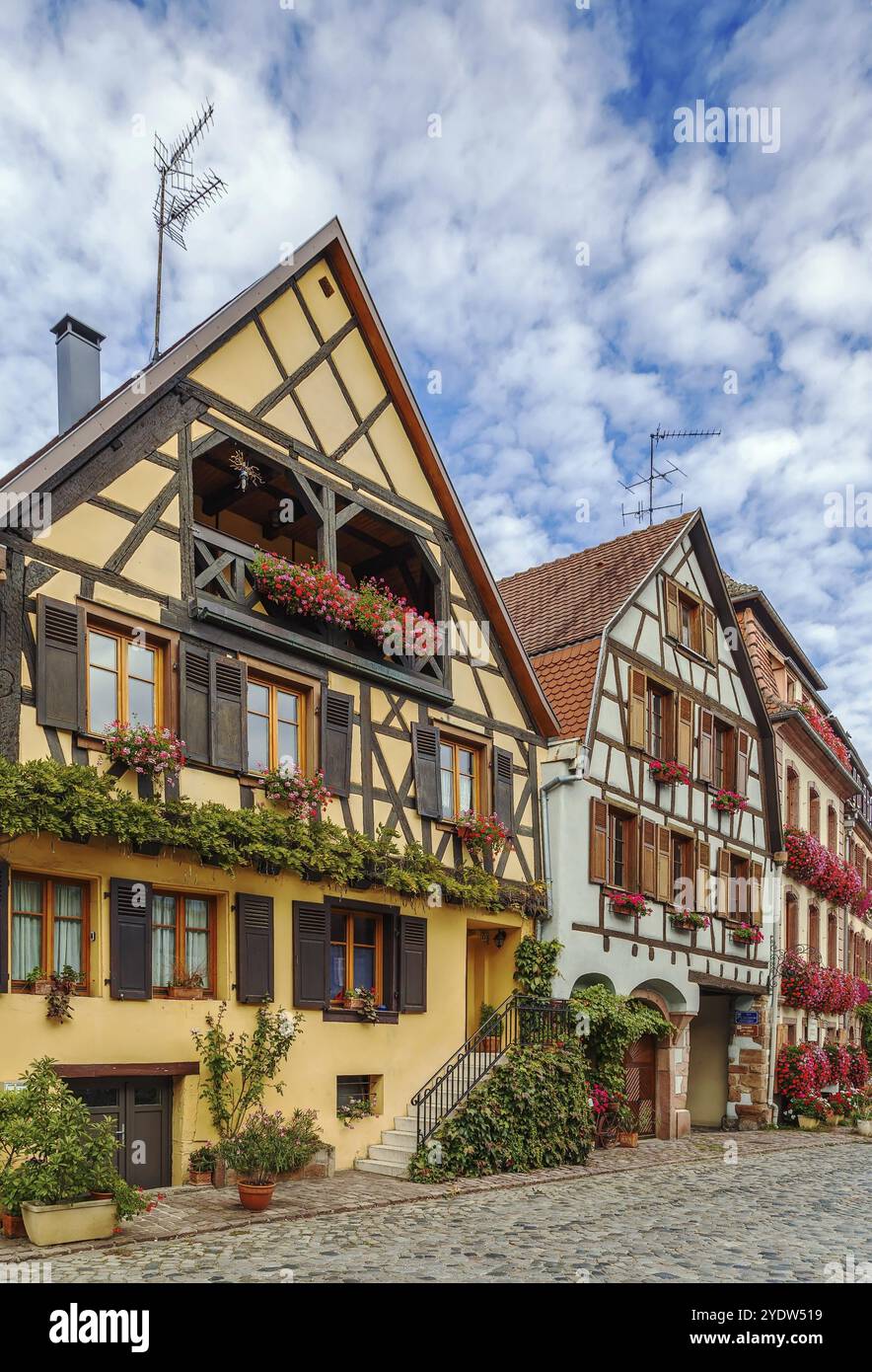 Street with historical houses in Bergheim, Alsace, France, Europe Stock ...