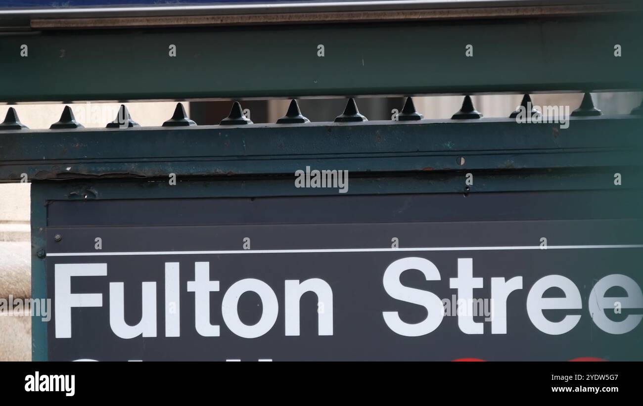 New York City subway sign, Fulton street underground metro station ...