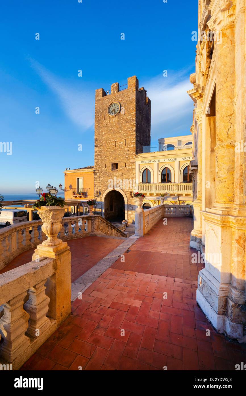 Clock Tower and Middle Gate, Taormina, Messina, Sicily, Italy ...