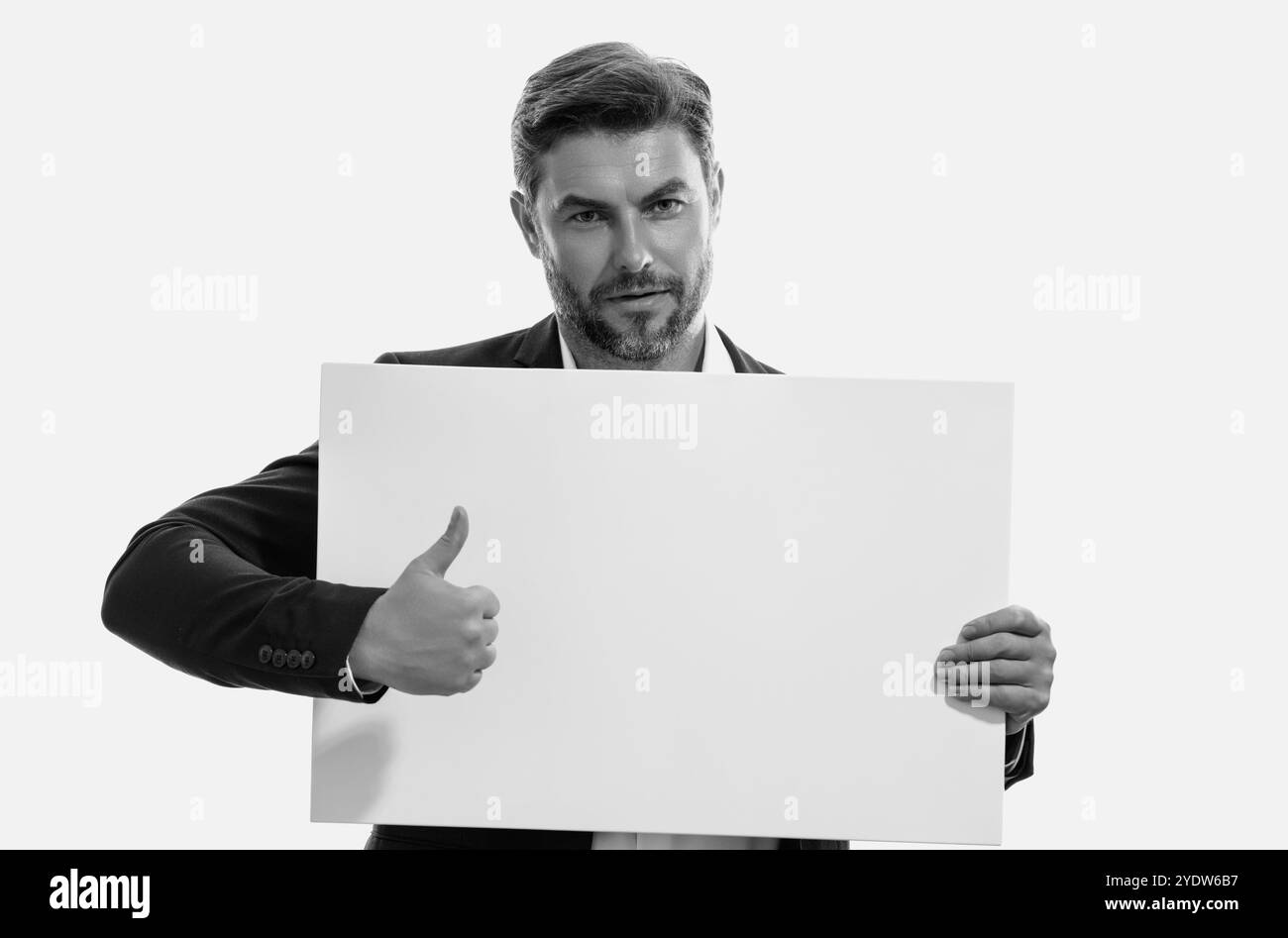 Man holds the white sign, blank card. Placard ready for your product ...