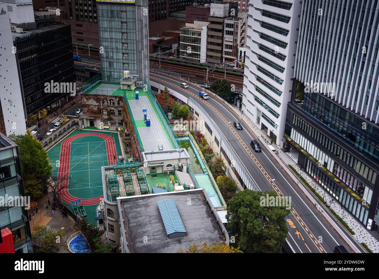 Aerial view of big Intersection in Ginza, looking over the streets ...
