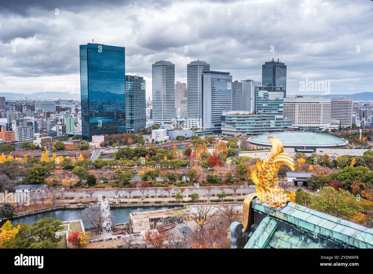 View from the top floor of Osaka Castle with the park and business city ...