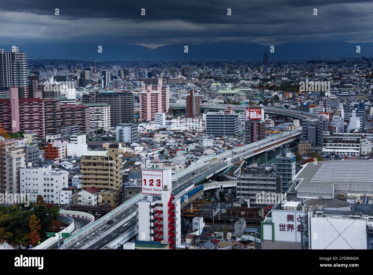 View from Tsutenkaku Tower in the Shinsekai area, of city skyline ...
