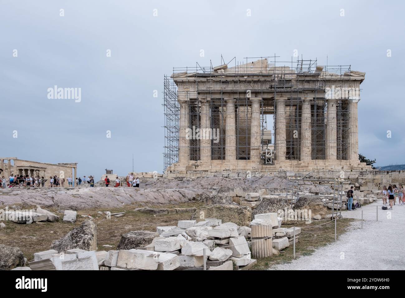 Detail of the Parthenon, a former temple dedicated to the goddess Athena, located on the ...