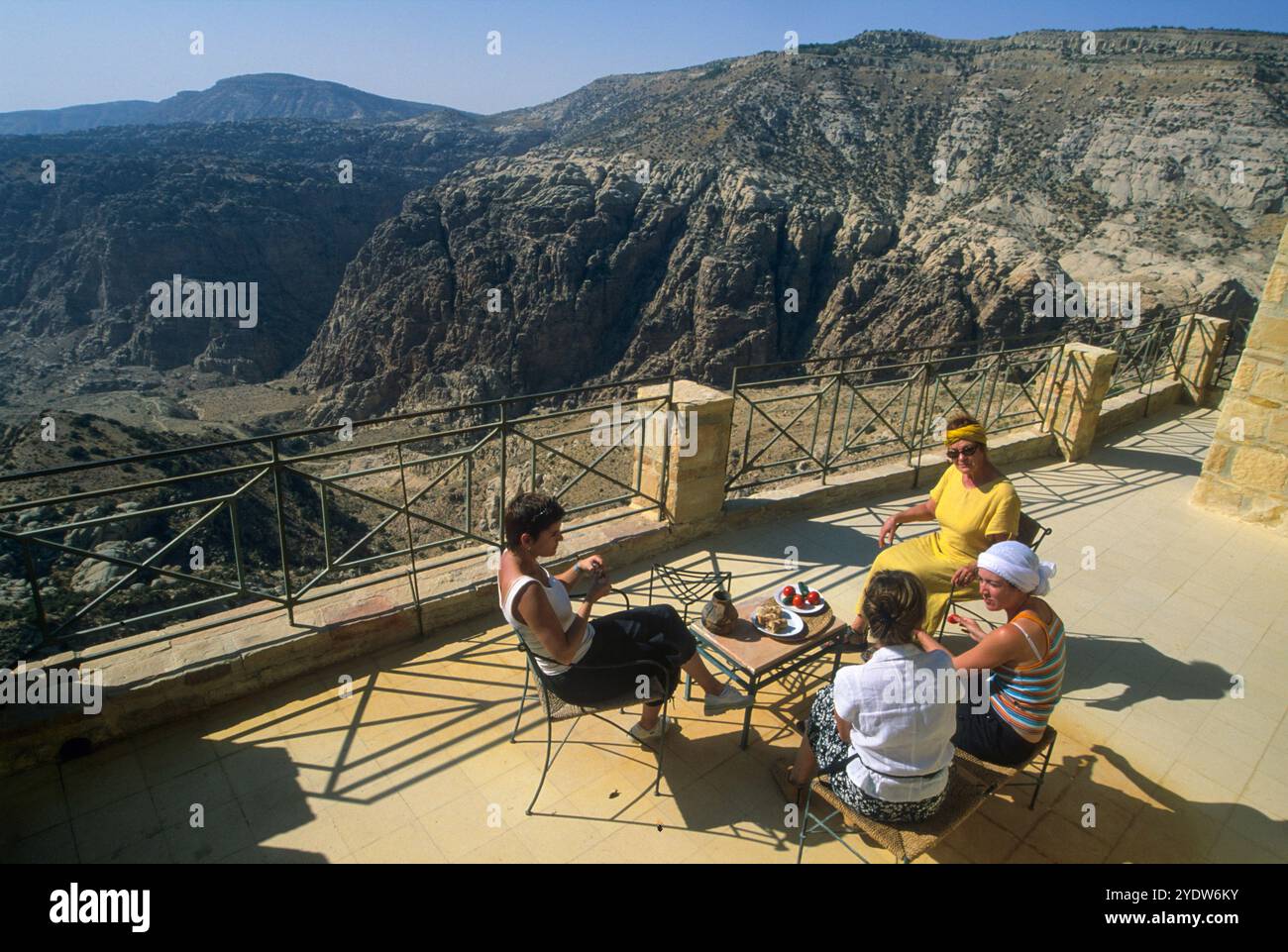 Women on a terrace above the Dana Valley, Jordan, Middle East Stock ...