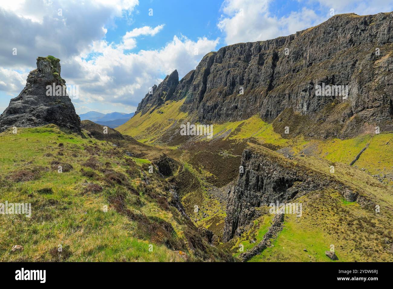 Towering cliffs of basalt lava over Jurassic sediments at the Quiraing ...